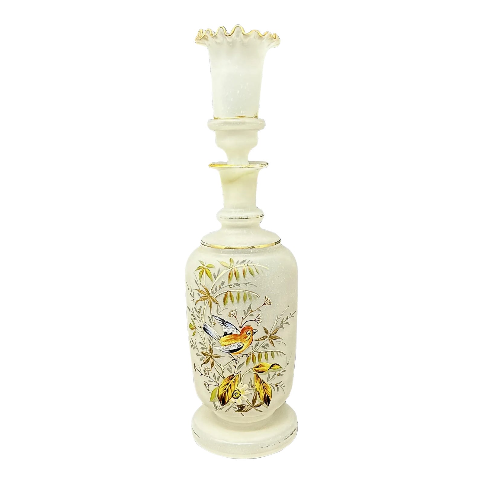 Antique Late 19th Century Victorian Bristol Glass Vanity Bottle Decanter With Bird and Floral ...