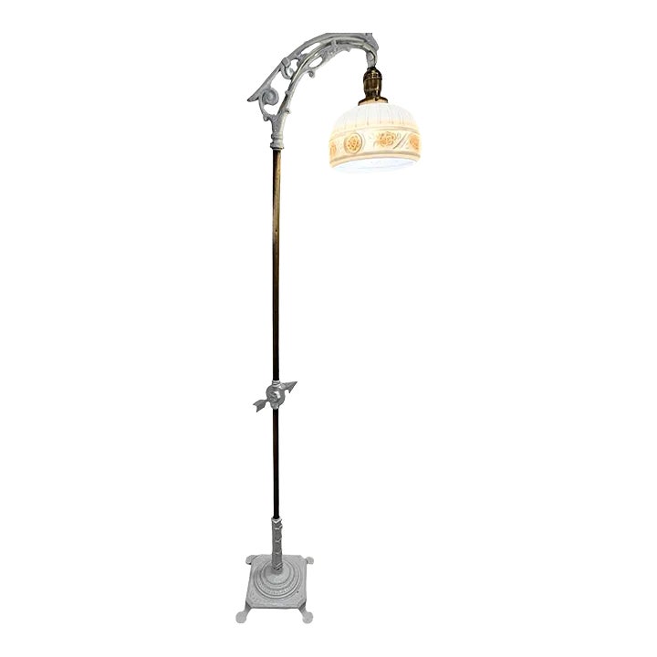 Bridge Arm Lamp Metal Glass W/ Lamp Shade Floral Design | Chairish