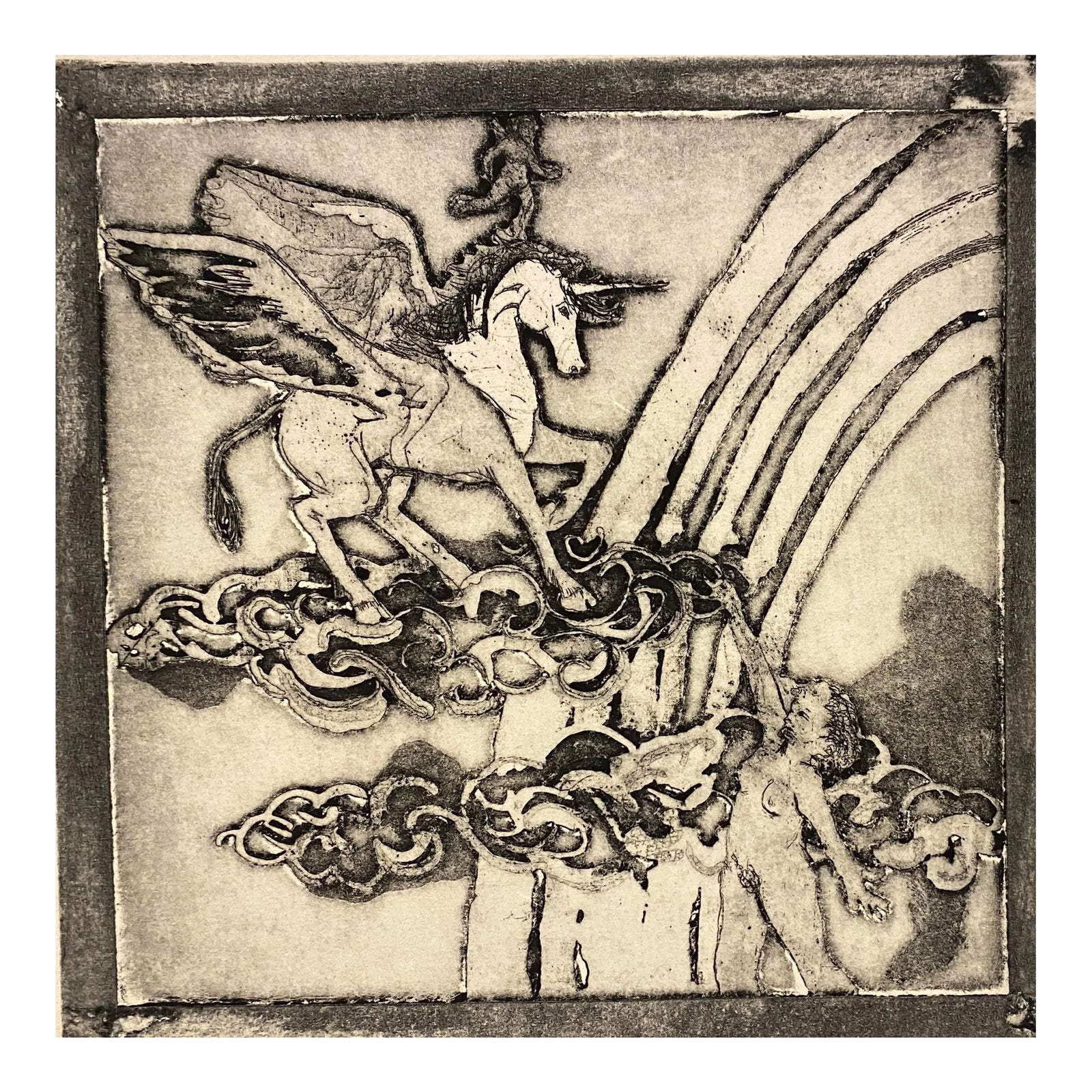 1977 Sue Cohen Unicorn and Rainbow Embossed Etching | Chairish
