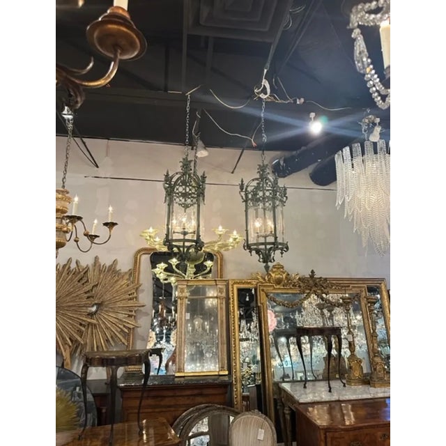Antique French Iron Patina Verde Lanterns With Etched Glass | Chairish