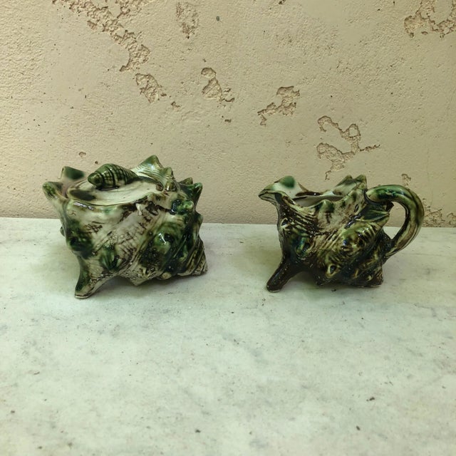 Circa 1950 Majolica Shell Creamer & Sugar Bowl Set- 2 Pieces | Chairish