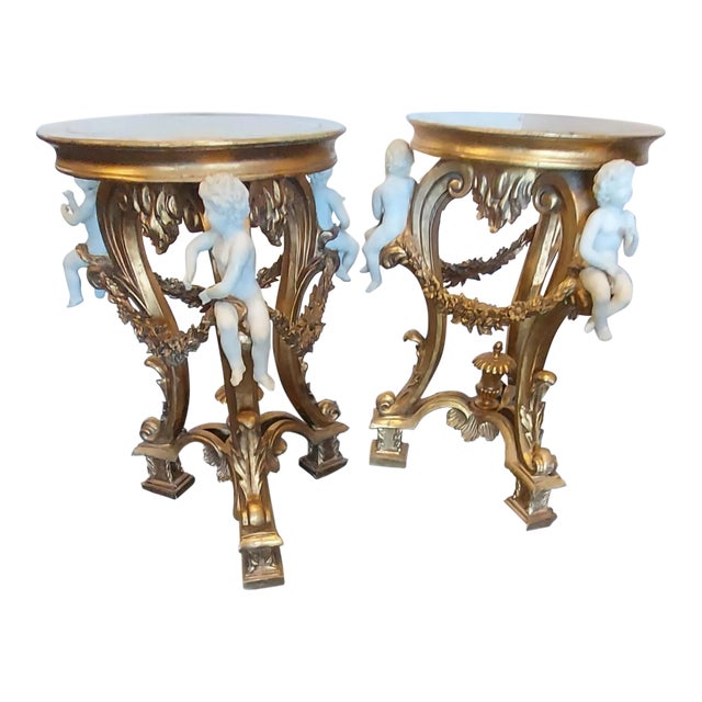 1950s French Mid Century Marble Top Cherub Tables - Set of 2 | Chairish