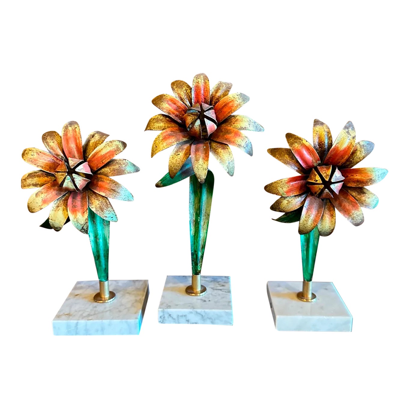 1970s Set of 3 Decorative Metal Flowers on Marble Bases | Chairish