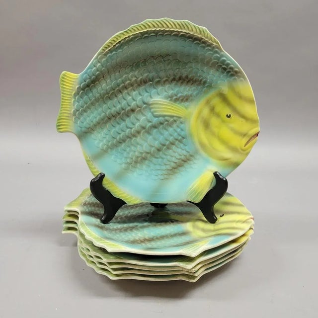 1930's English Aqua and Yellow Ceramic Fish Plates - Set of 6 | Chairish