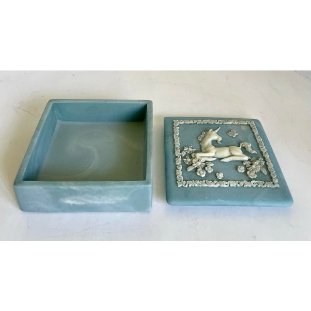 Vintage Unicorn Incolay Blue and White Lidded Trinket Catchall Box ...