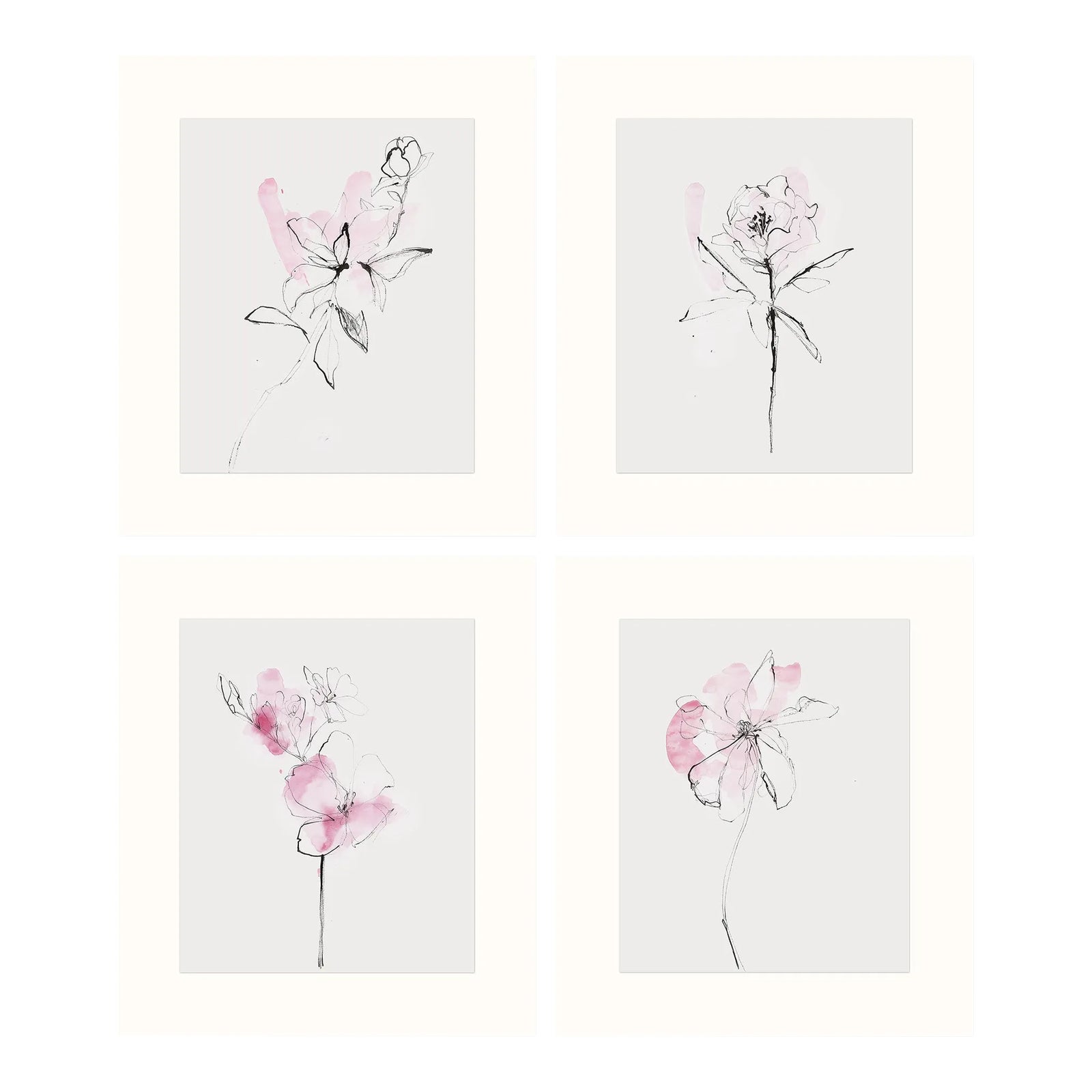 "Pink Flowers" Original Set of Four Watercolor Paintings by Yuki Osada ...