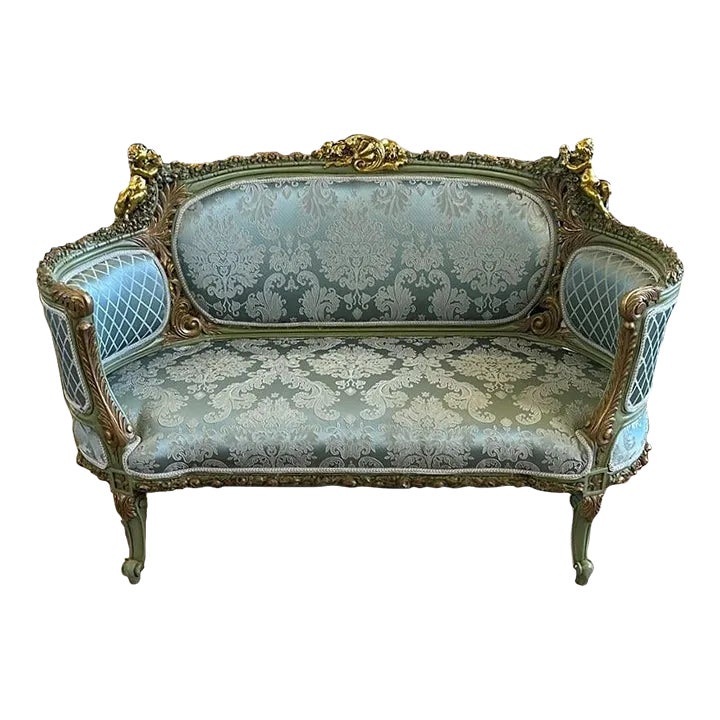Rococo Style Blue Tufted Sofa With Gold Details | Chairish