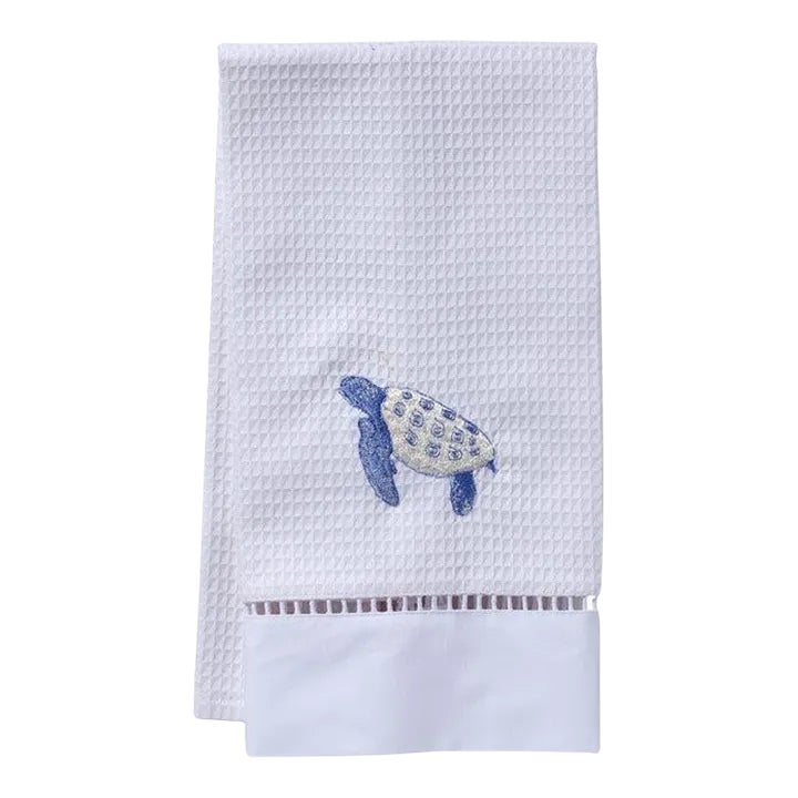 Sea Turtle Blue Guest Towel, White Waffle Weave, Ladder Lace ...