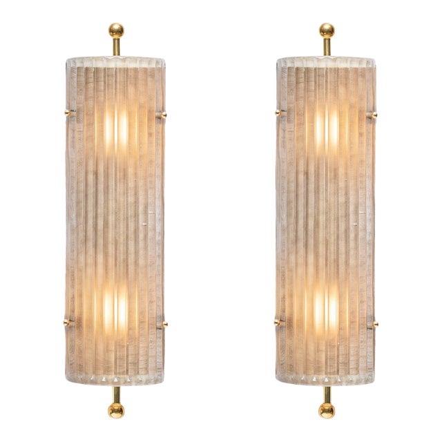 Murano Glass Smoked Ribbed and Brass Sconces | Chairish