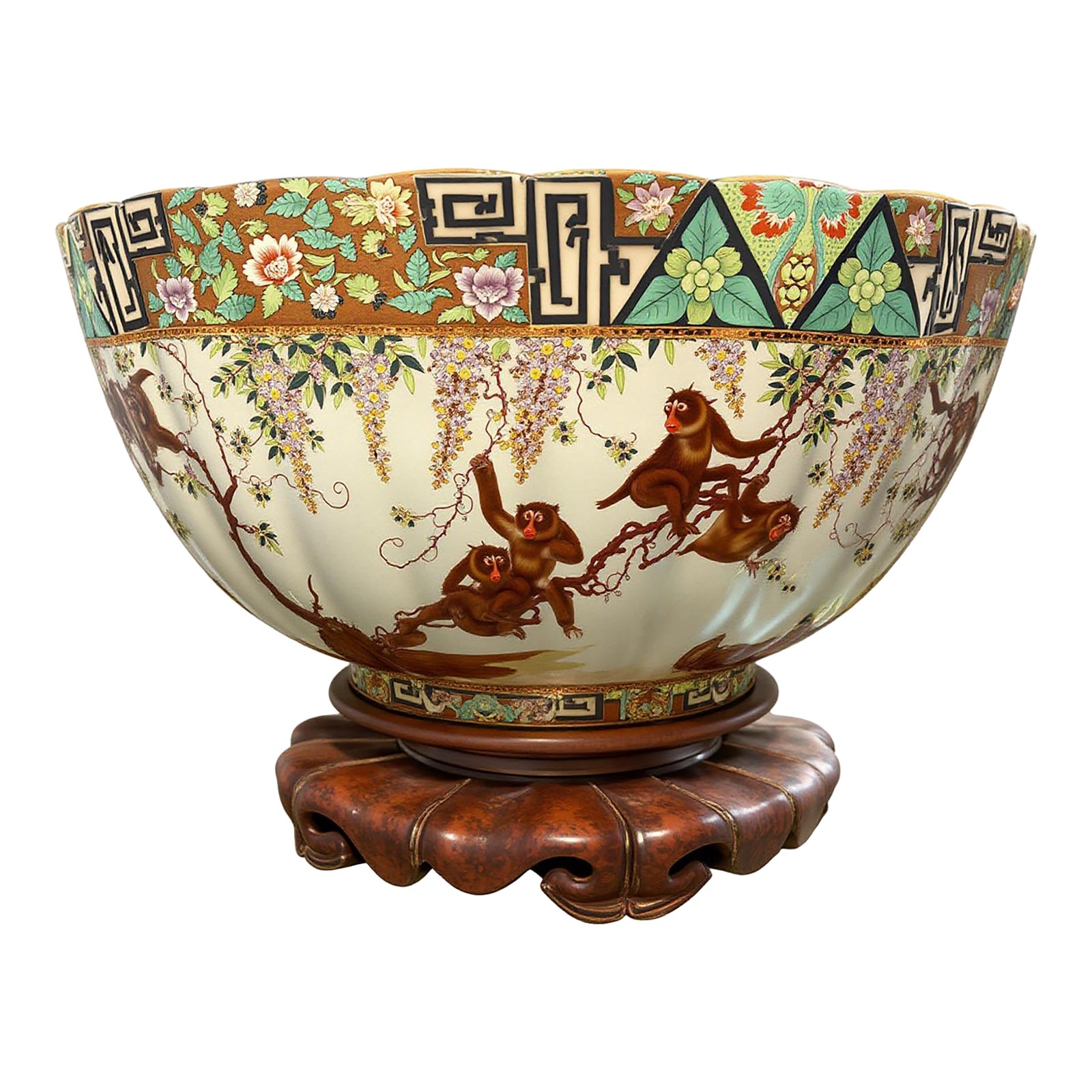 Chinese Export Style Famille Rose Pottery Bowl W/ Playing Monkeys ...
