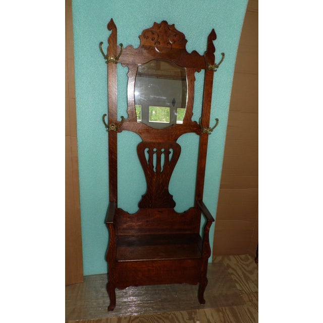 Antique Solid Tiger Oak Mirror Hall Tree Coat Rack Entry Bench | Chairish