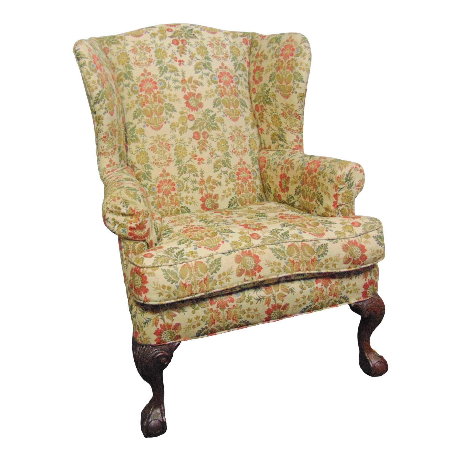 Custom Chippendale Mahogany Claw & Ball Wing Chair | Chairish