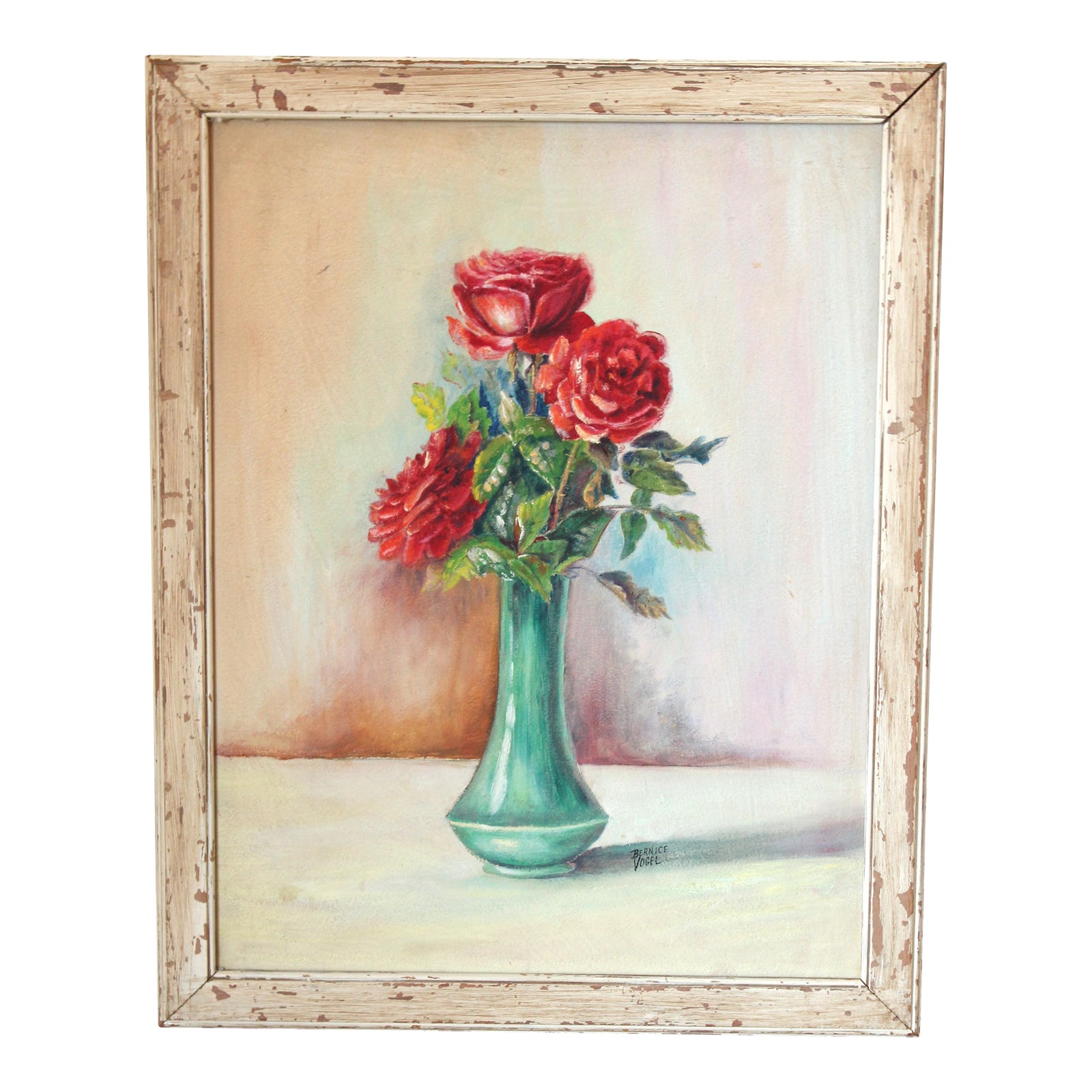 Vintage Roses in a Vase Oil on Board | Chairish