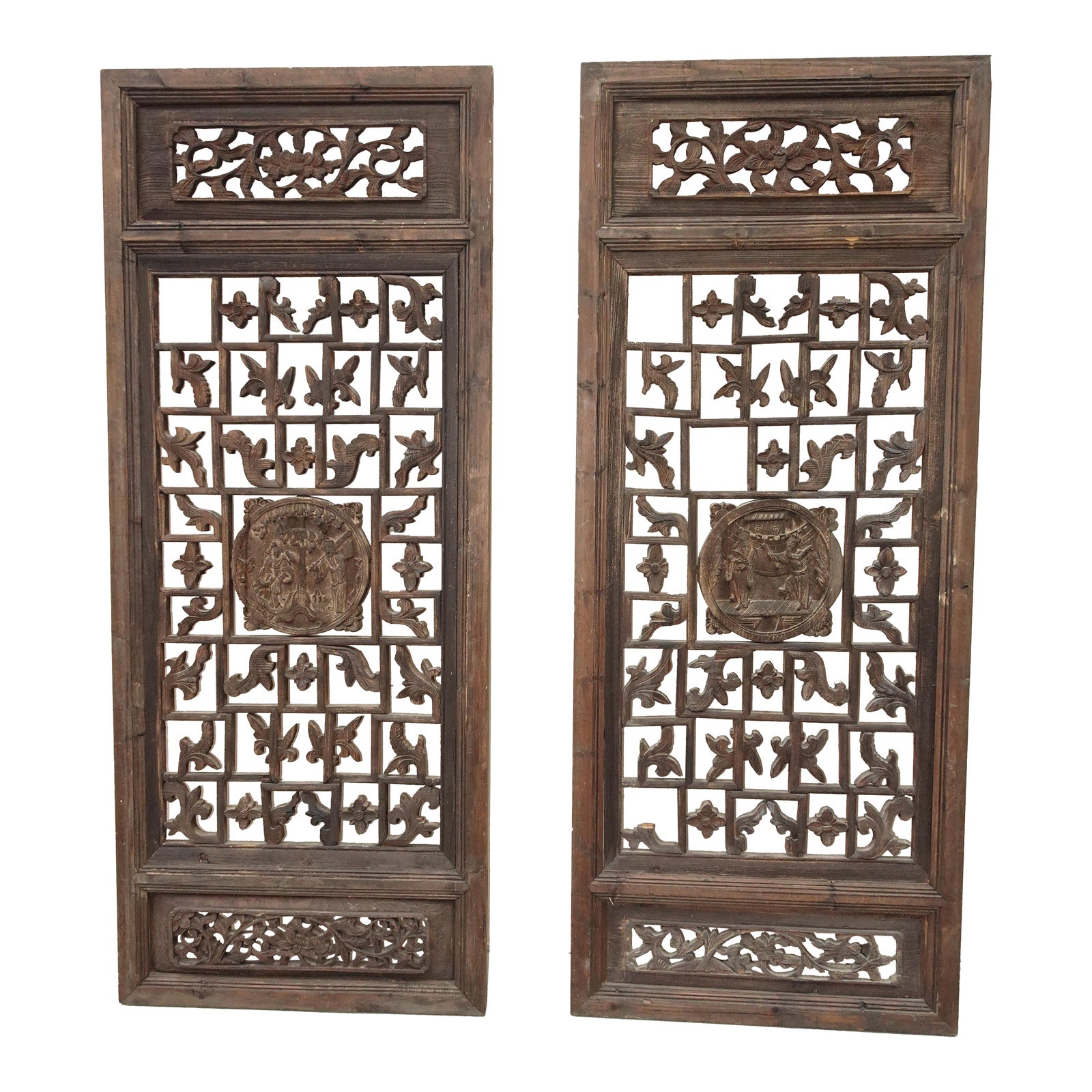 53" Tall Pair Vintage Oriental Asian Fretwork Floral Panel Screens ...