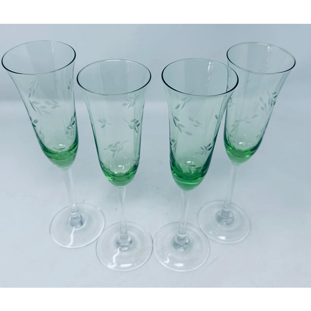 Vintage Green Colored Glass Champagne Flutes With Etched Floral Leaves ...