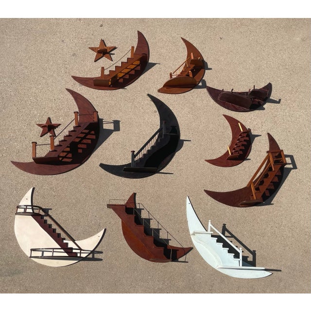 Vintage MCM Hand Made Crescent Moon Stair Step Wood Wall Shelf | Chairish