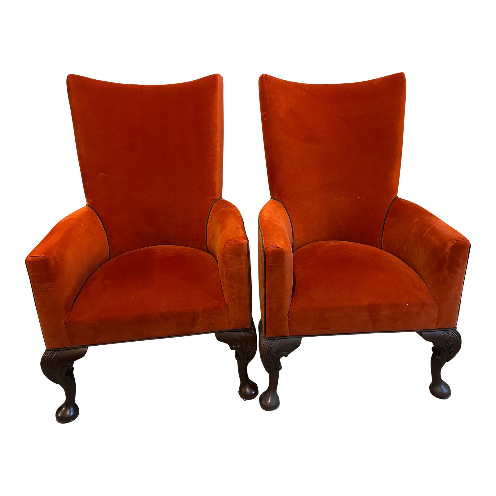Transitional Deep Orange Velvet Upholstered Rounded Back Wingback ...