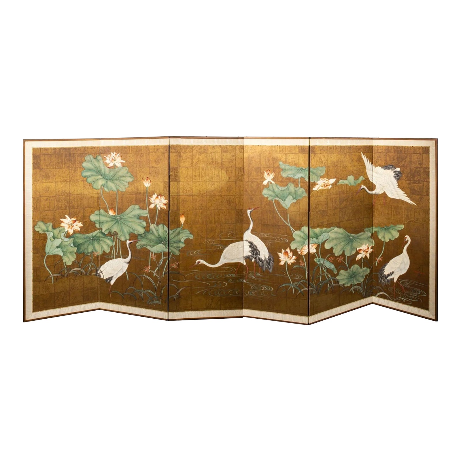 Robert Crowder Japanese Hand-Painted Six Panel Screen | Chairish