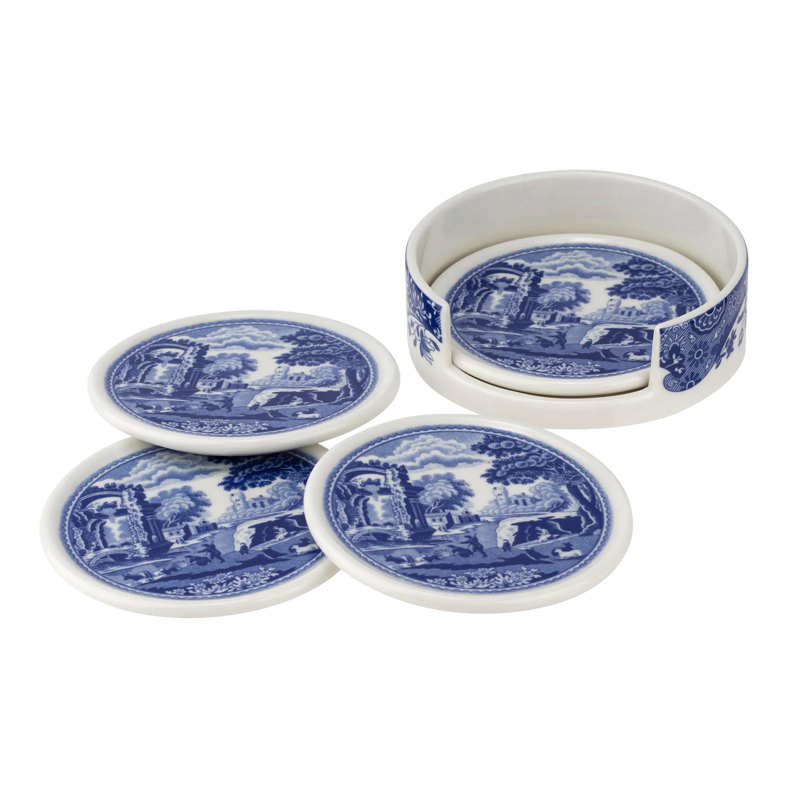 Spode Blue Italian Ceramic Coasters 4-Piece Set with Holder | Chairish