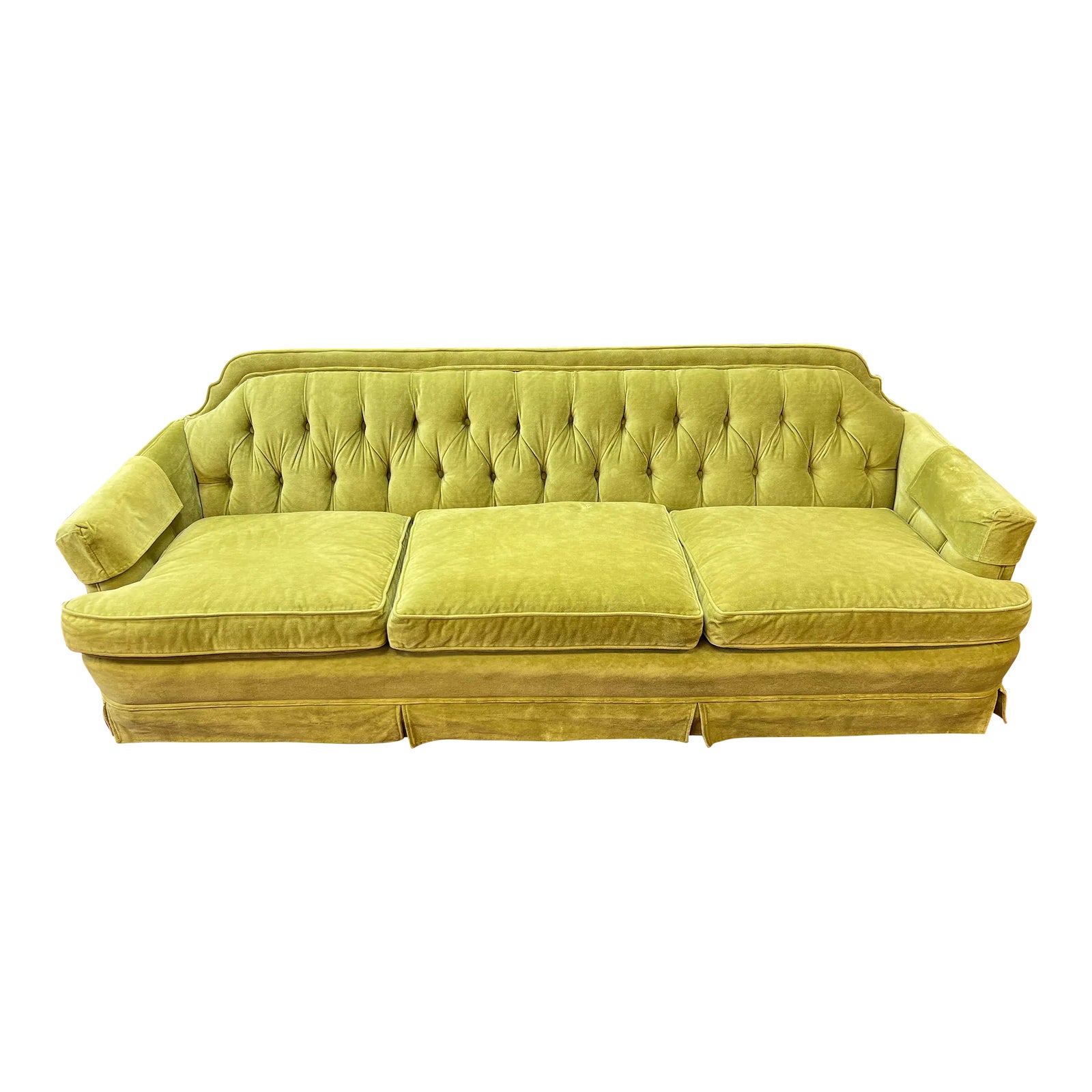Vintage Regency Tufted Velvet Chartreuse 3 Seat Sofa | Chairish