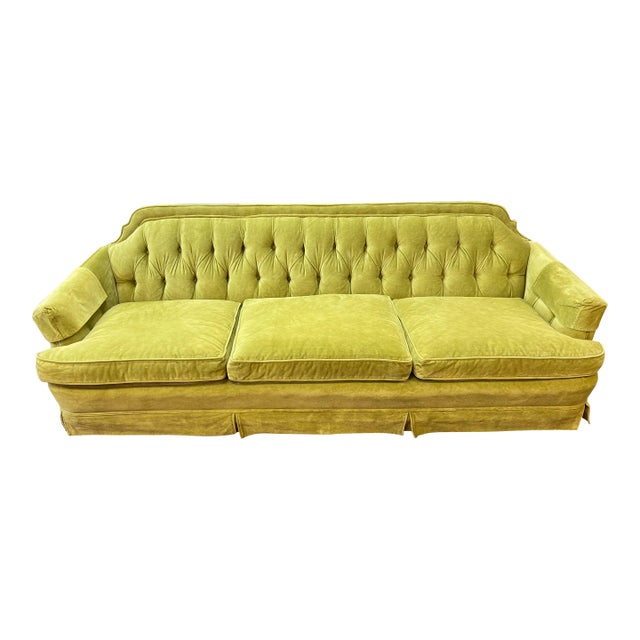 Vintage Regency Tufted Velvet Chartreuse 3 Seat Sofa | Chairish