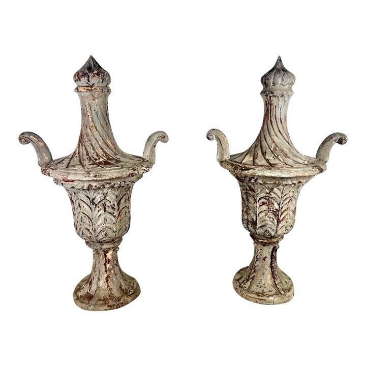 Pair of 19th C. Italian Carved Painted Finials | Chairish