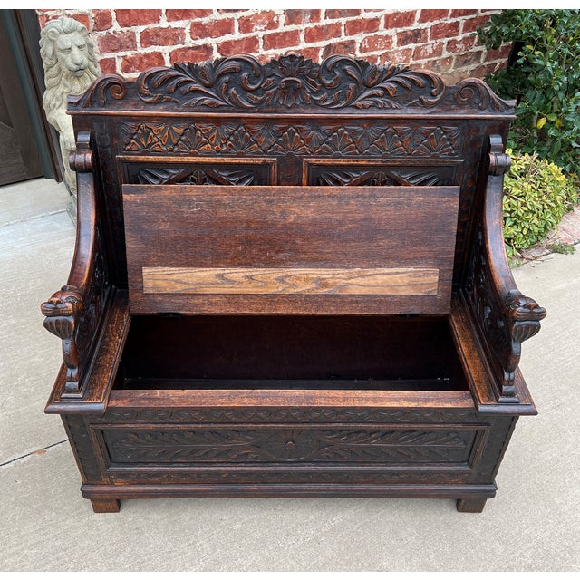 Antique English Bench Chair Settee Hall Bench Renaissance Revival Oak ...