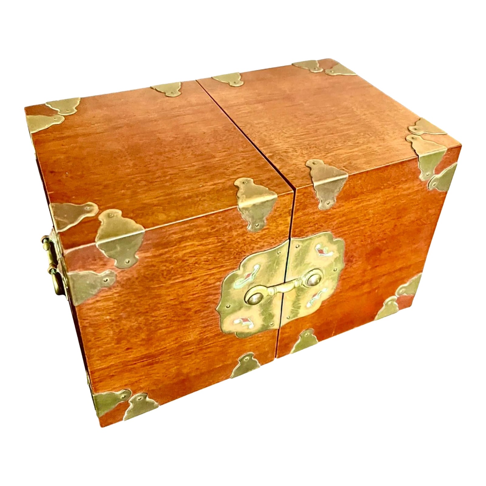Korean Wood and Brass Table Box or Vanity Box | Chairish