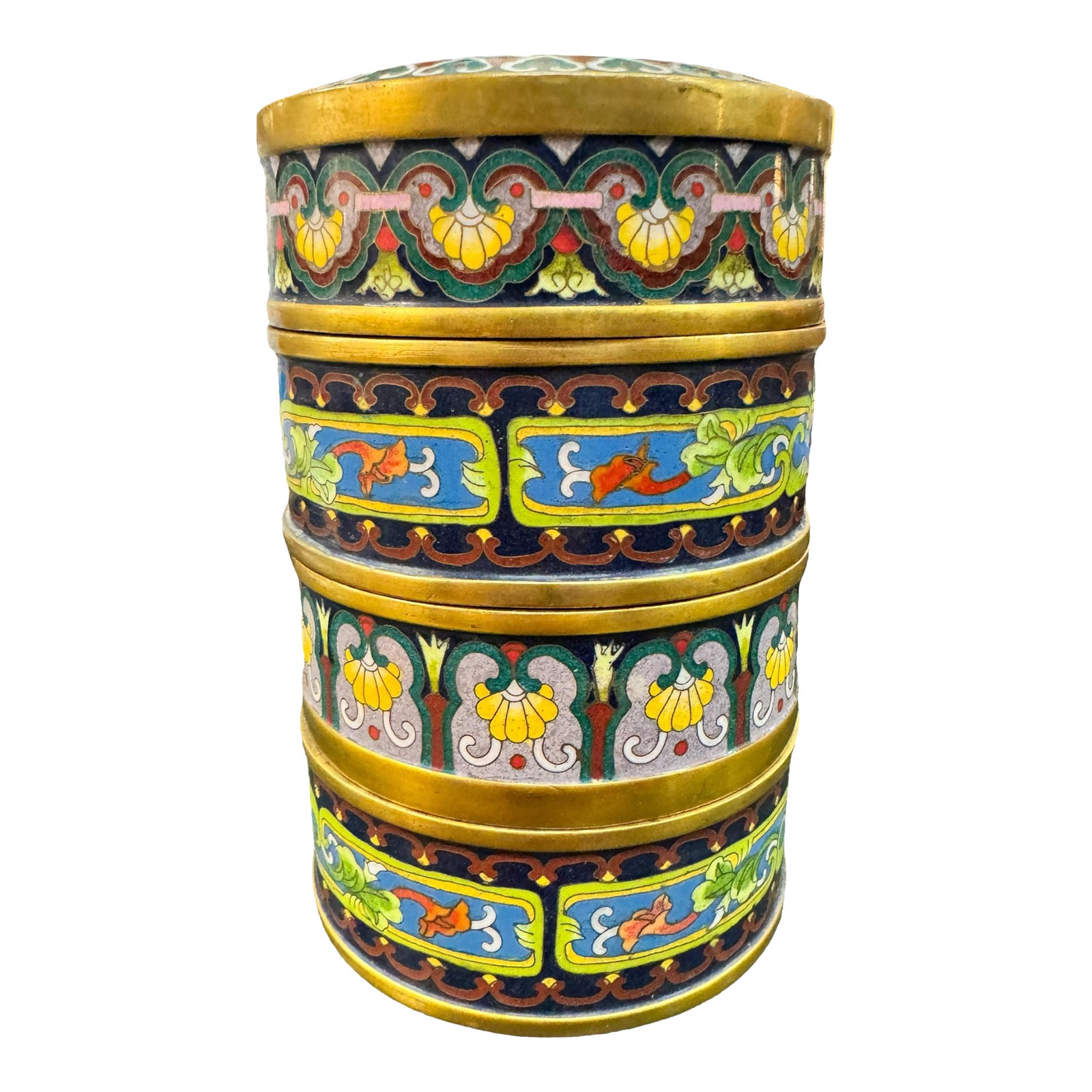 Vintage Art Deco Chinese Cloisonné Enamel Brass Stacking Boxes Tower ...