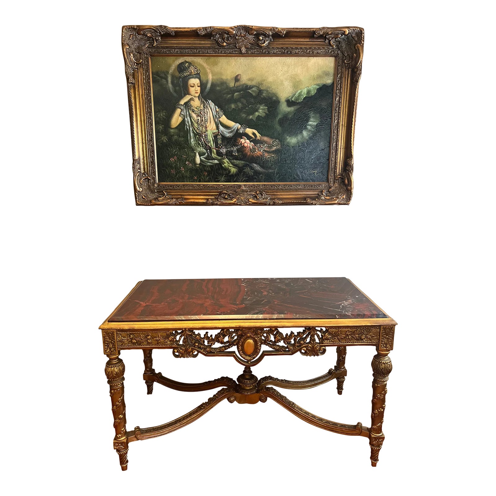 1990s Vintage Rococo Italian Gold Wood Granite Console Table | Chairish