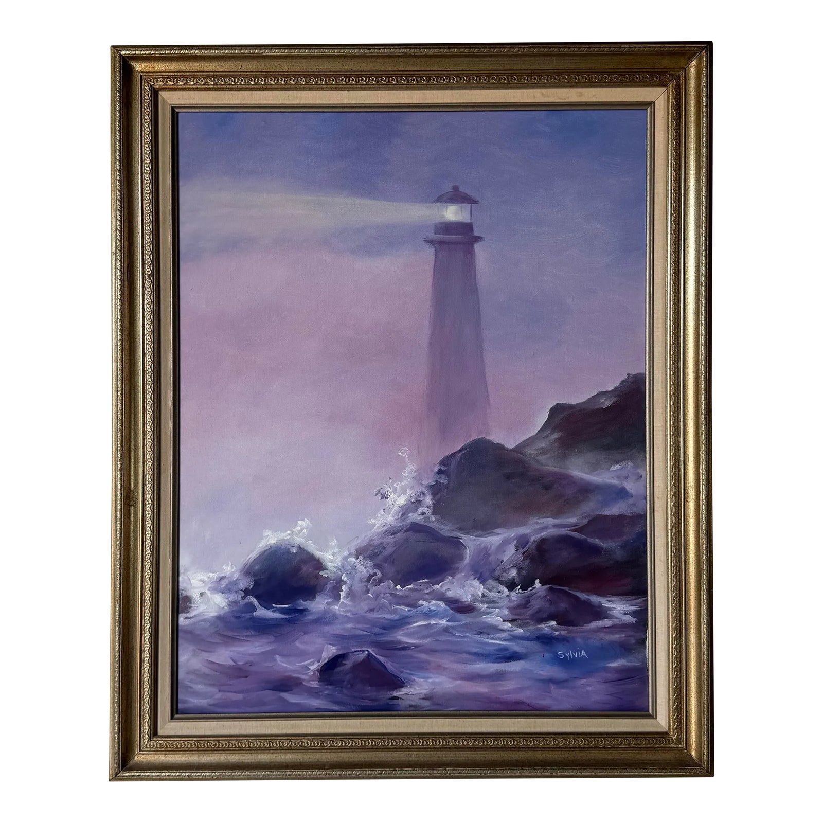 1970's Sylvia Hehemann Coastal - Lighthouse Landscape Acrylic on Canvas Painting Framed | Chairish