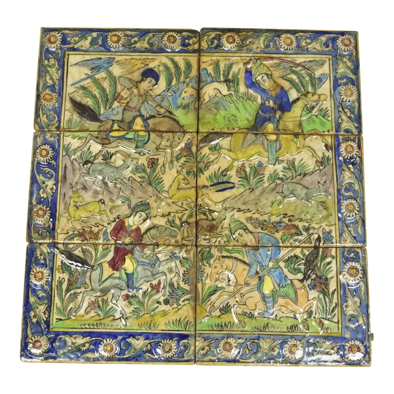 Antique Persian Iznik Qajar Style Ceramic Pottery Tile Mosaic Hunt ...