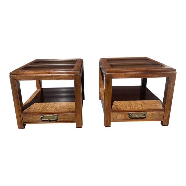 1990s Pair of Bassett Cane Glass Top End Tables | Chairish