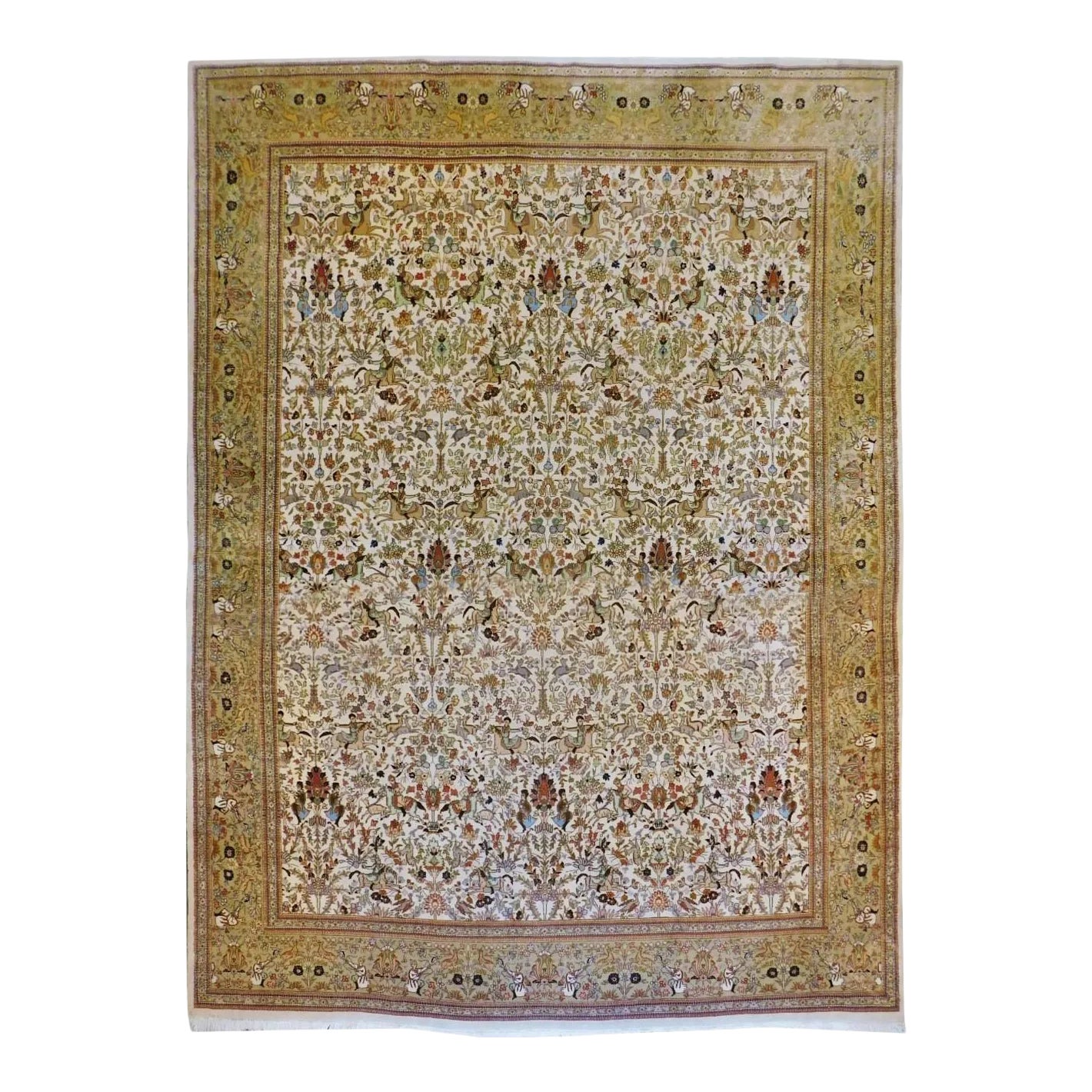 1970s Vintage Hand Made Persian Hunting Scene Rug | Chairish