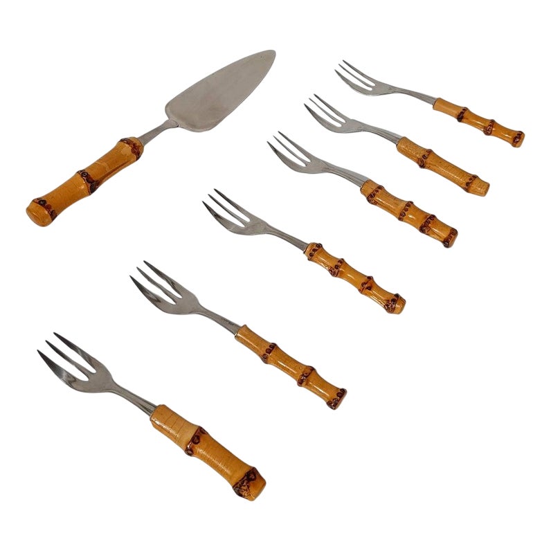 Vintage Dessert Set with Cake Server in Stainless Steel and Bamboo ...