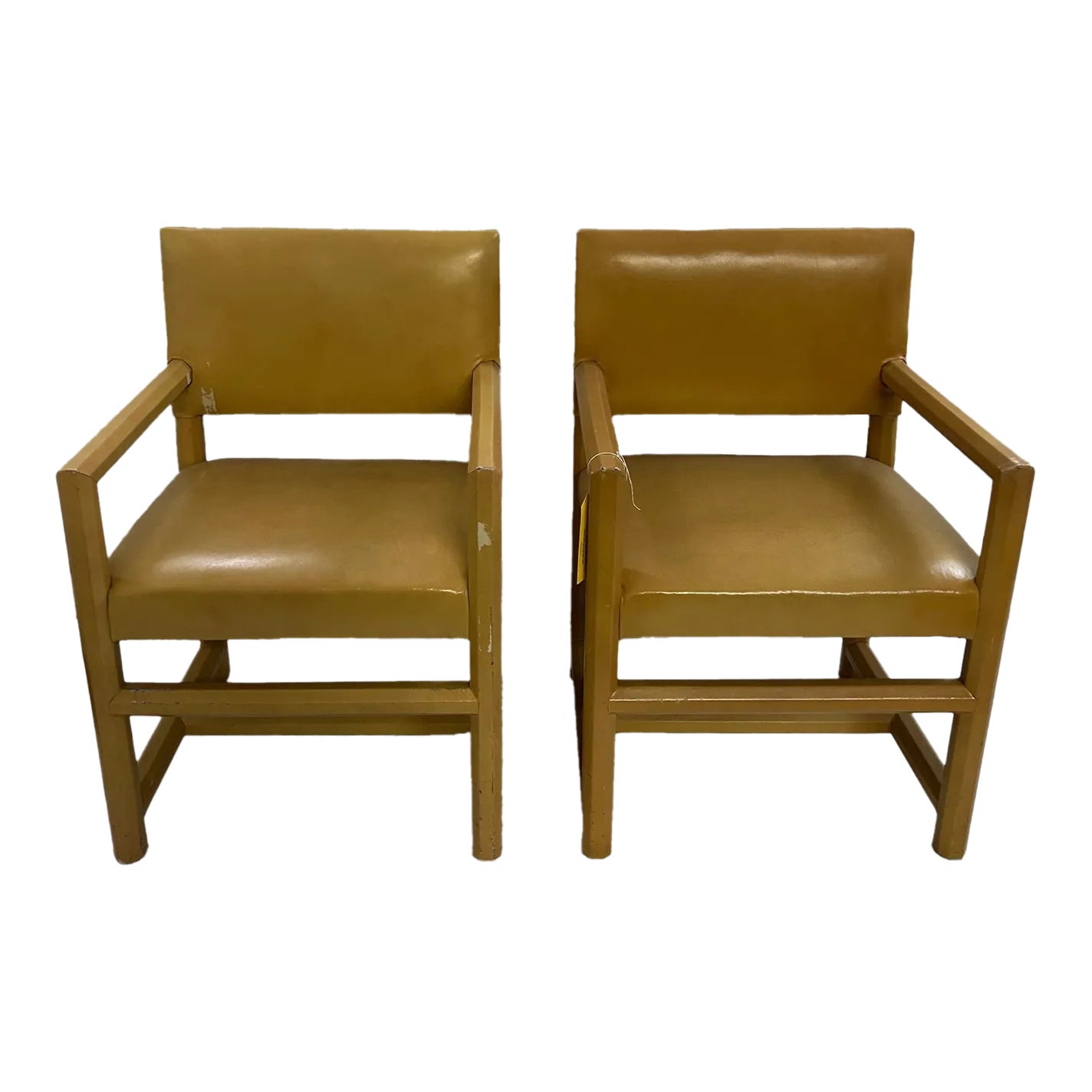 Mid 20th Century Pair of Tan Leather Wrapped Parsons Arm Chairs | Chairish
