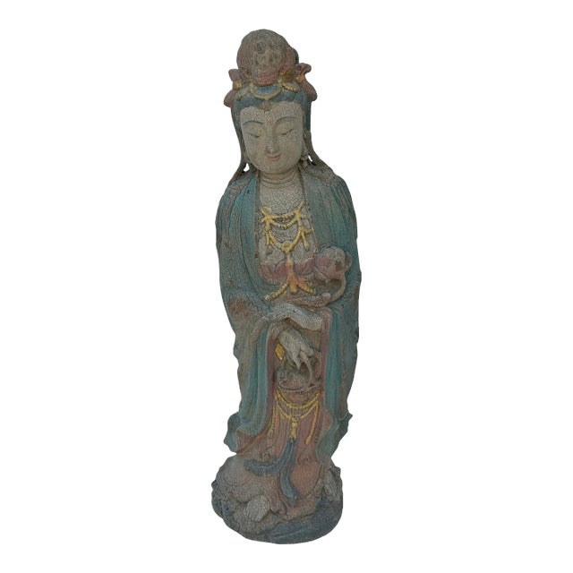 Vintage Rustic Wood Standing Bodhisattva Guan Yin Buddha Statue | Chairish