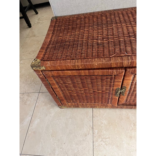 1970s Chinoiserie Handwoven Wicker and Brass Two-Door Storage Trunk 2 ...