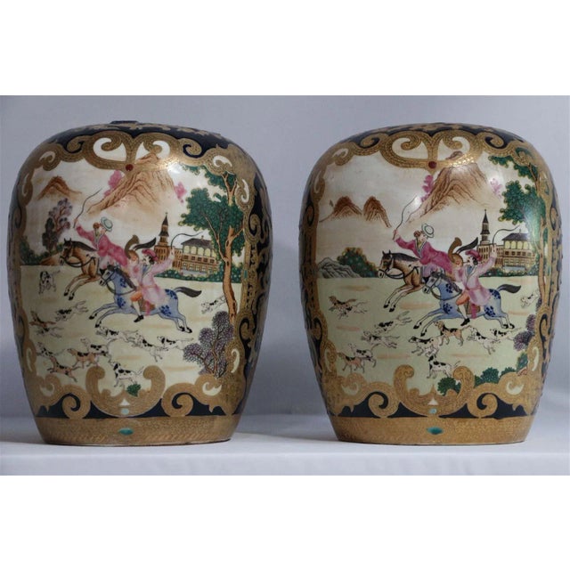 Vintage Rare Chinese Urns Featuring a Hunt Scene, a Pair | Chairish