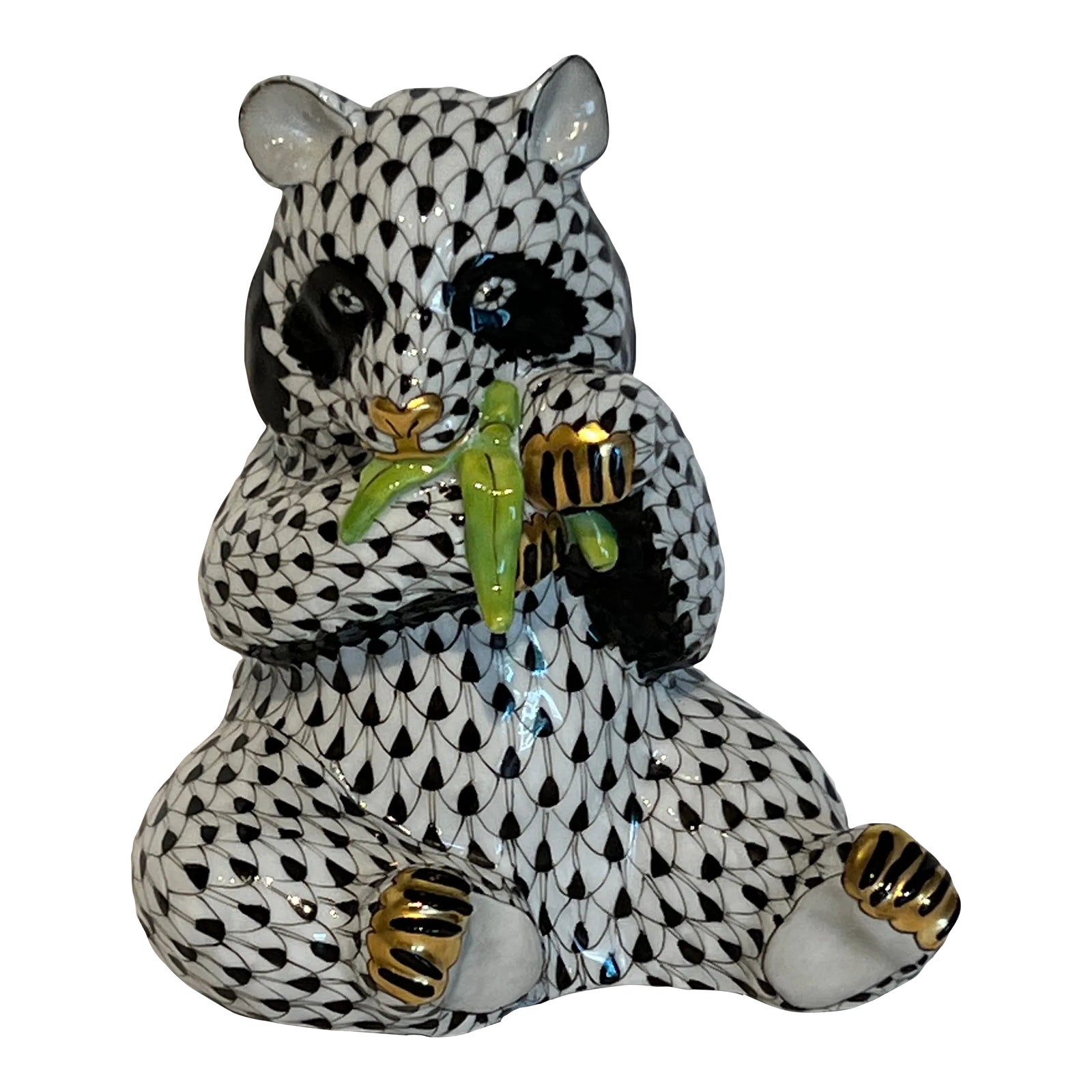 Vintage Herend Large Black Panda With Bamboo Figurine | Chairish