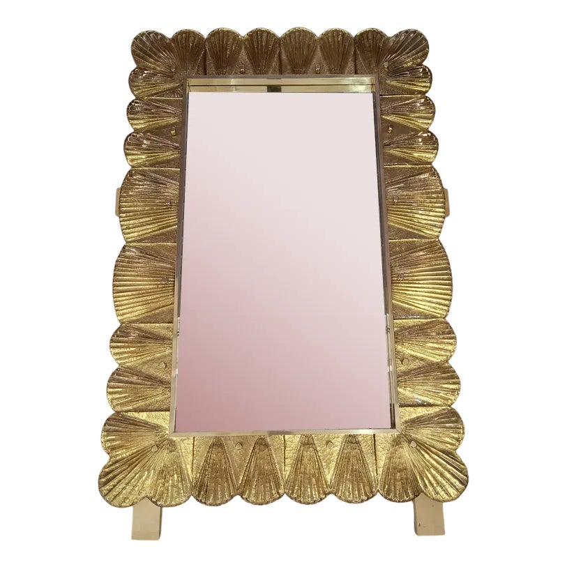 Mid-Century Gold Color Murano Glass and Brass Wall Mirror, 2000s | Chairish