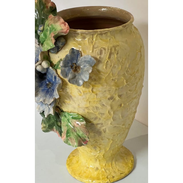 Vintage Made in Italy Majolica Barbotine Applied Flower Vase | Chairish