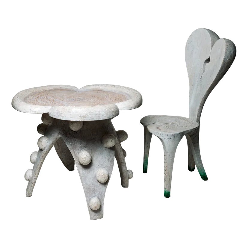 Set of Swiss Carved Wood Alice Dining Table and Dining Chair by Yves ...