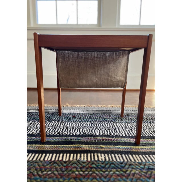 1960s Bent Silberg Linen and Teak Magazine Holder End Table. | Chairish