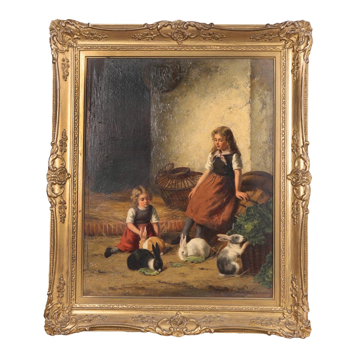 Mid 19th Century Jan Walraven (Dutch 1827-1878) Young Girls With Rabbit ...
