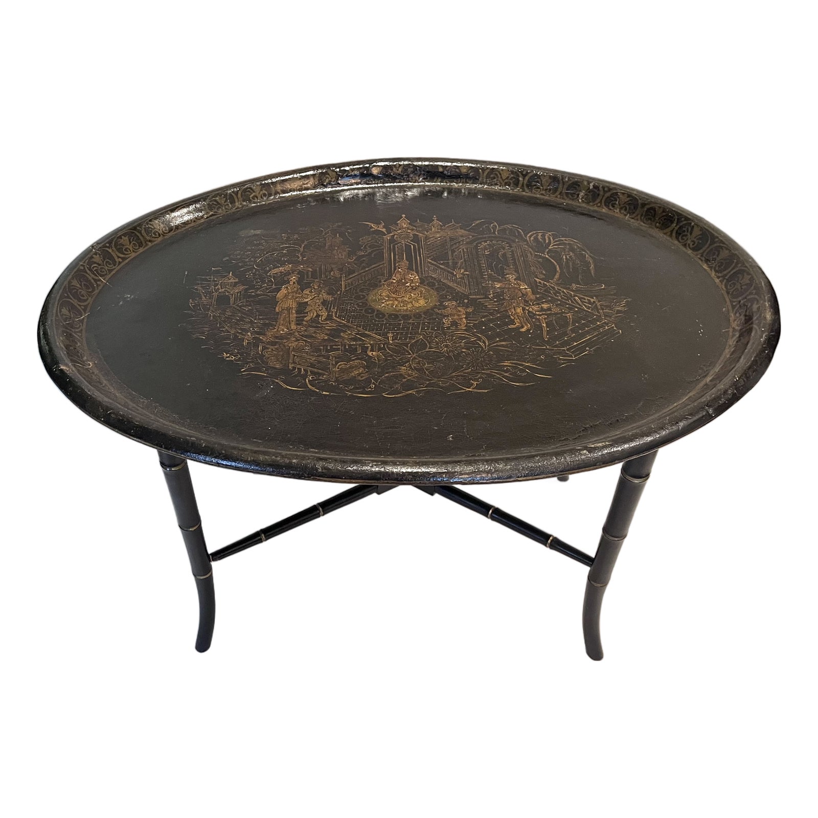 Antique Late 1800s English Chinoiserie Paper Mache Tray Table | Chairish