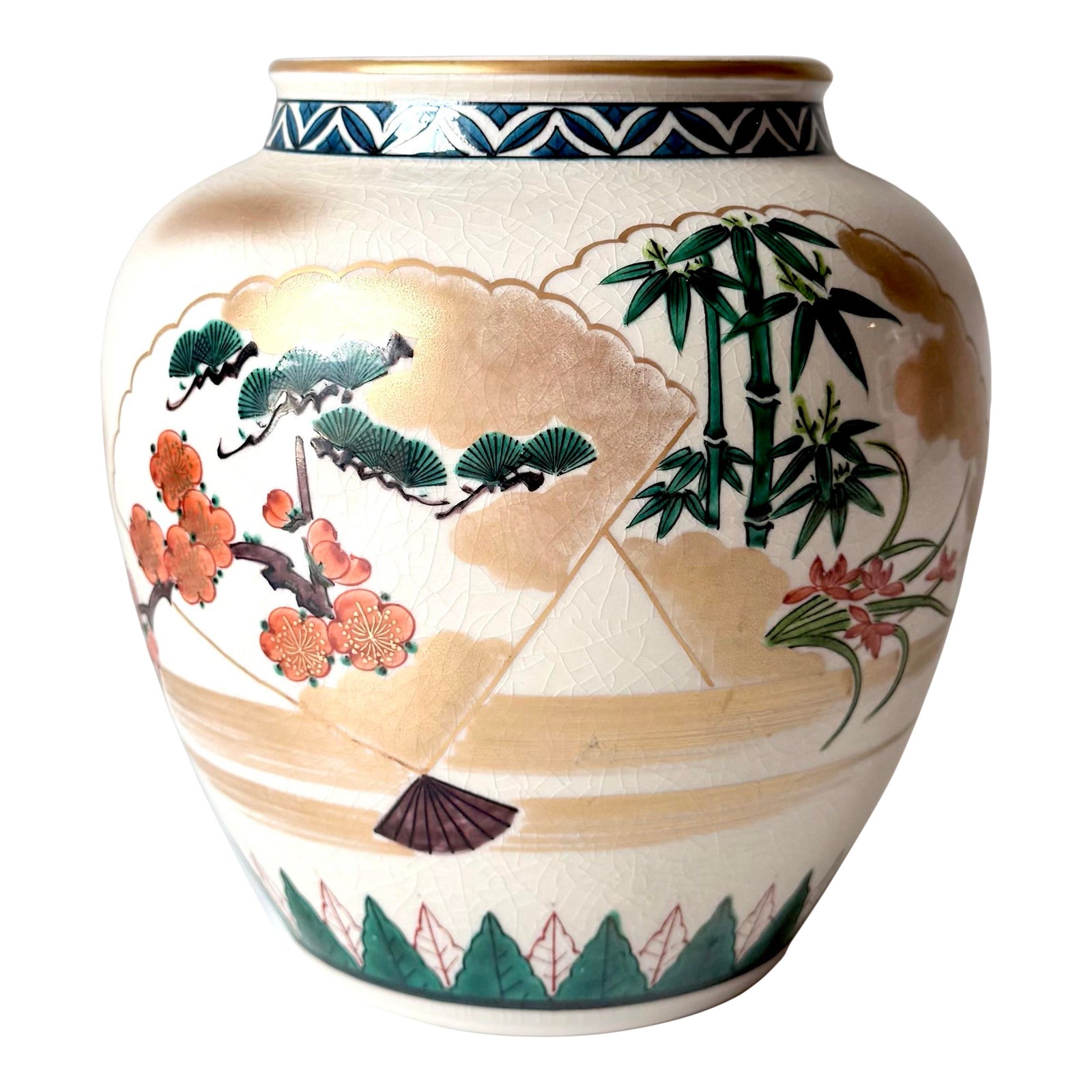 Japanese Polychrome Bok Choy Fan Vase | Chairish