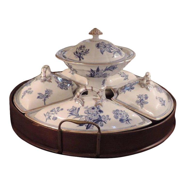 19th Century English Blue & White Porcelain Supper Set & Mahogany Lazy ...