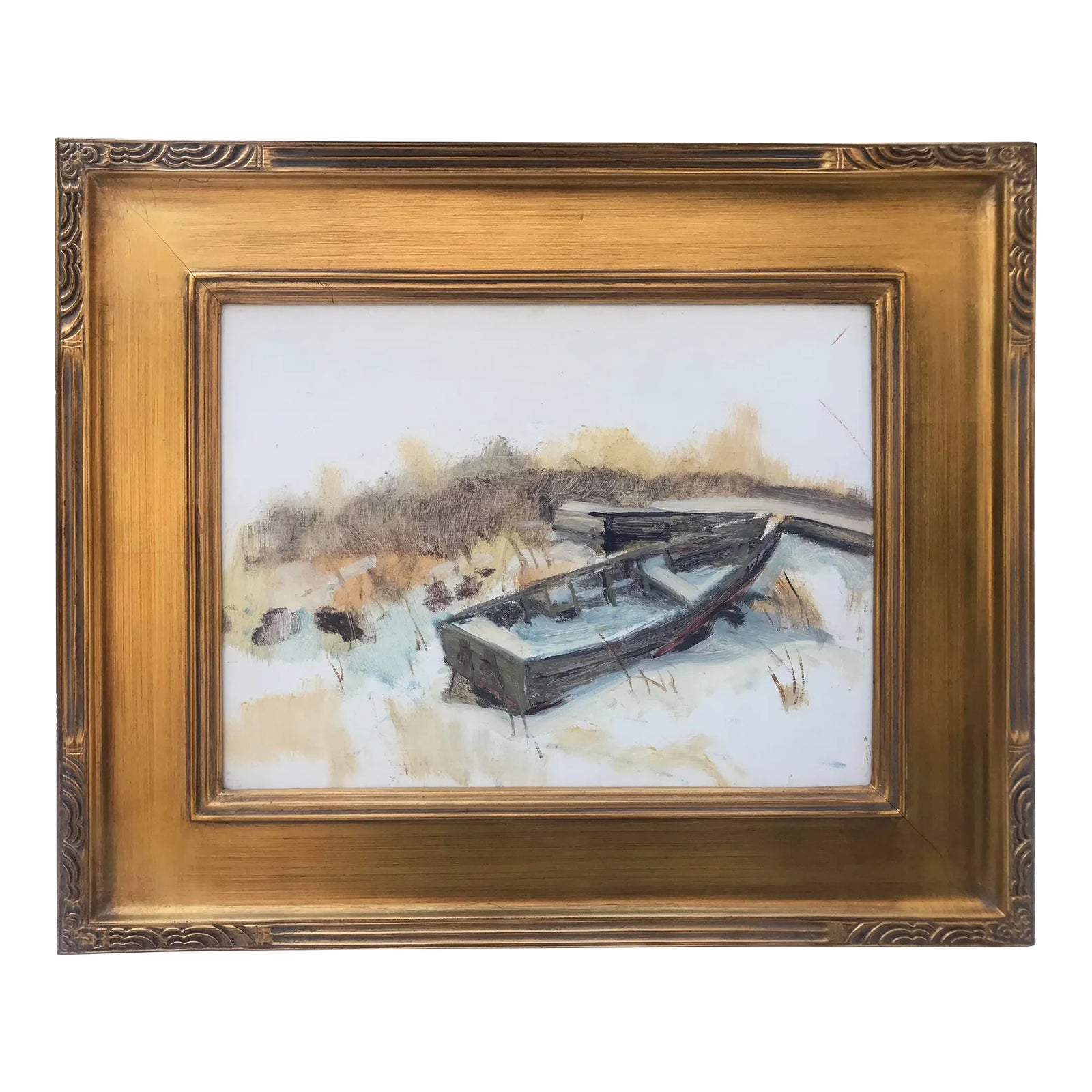 Vintage American Impressionist Oil Painting Boat in Winter on Long ...