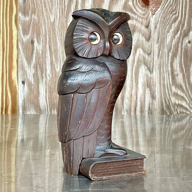 Vintage Deco Oswald Oshur Carved Wooden Owl Clock | Chairish